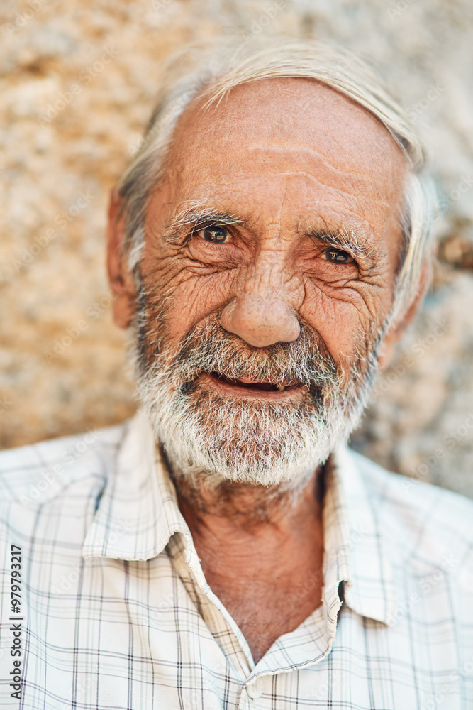 Portrait, senior man and outdoor in retirement village on front porch ...