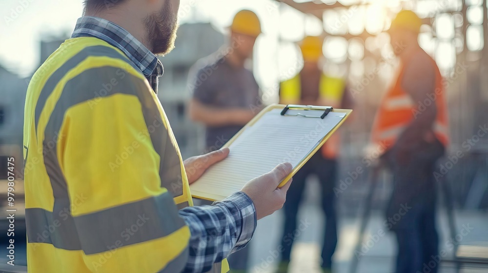 Construction worker checks safety protocol on site, ensuring compliance ...