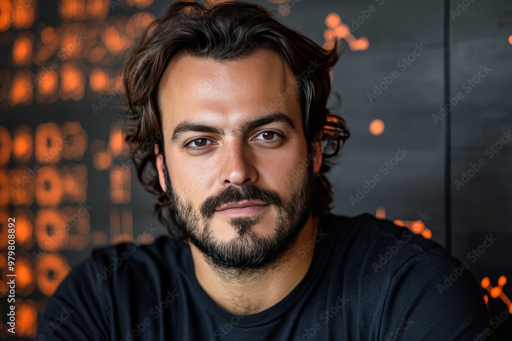 Bearded man in front of glowing data symbols symbolizing intellectual ...