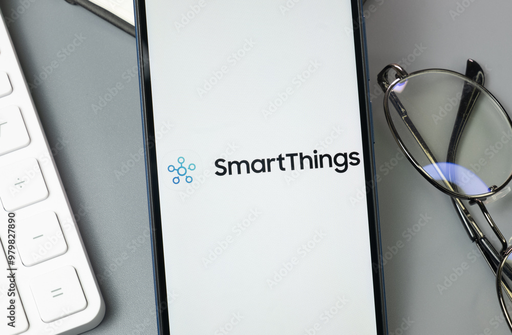 New York, USA - 30 August 2024: Samsung SmartThings Logo on Phone Screen, Company Icon on ...