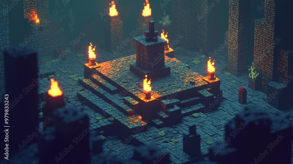 Unearthly 3D Cube World: Cursed Altar in Dark Cave with Pixelated ...