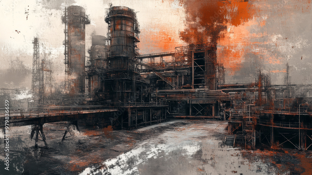 Digital artwork showing stylized industrial facilities based on a ...