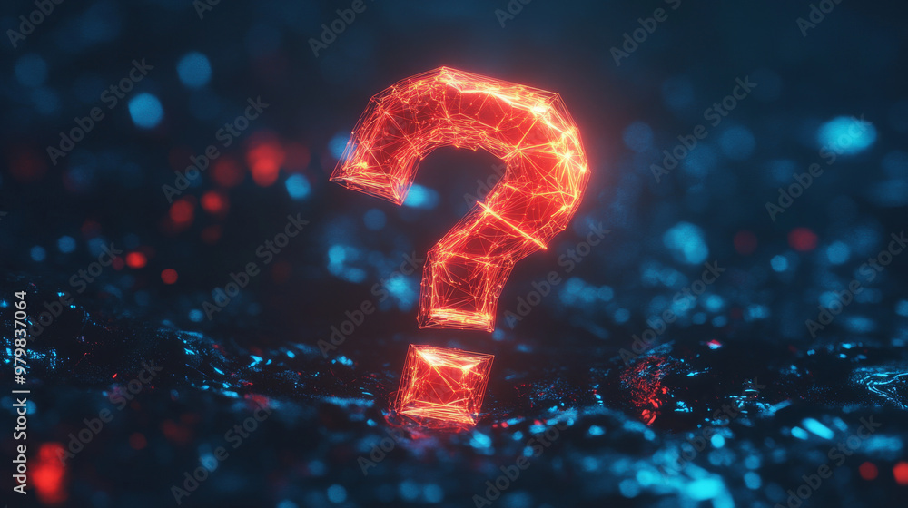 Exploration concept: glowing polygonal question mark on dark blue ...