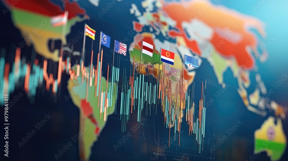 A 3D graph of global economic growth, with country flags and stock ...