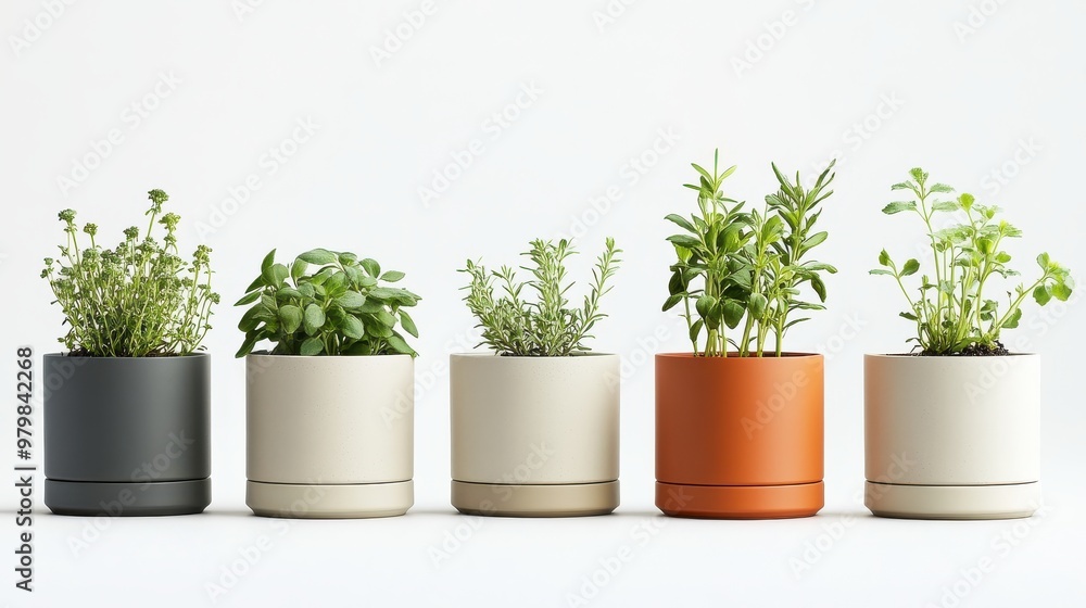 Set of minimalist plant pots in neutral colors, placed on a white ...