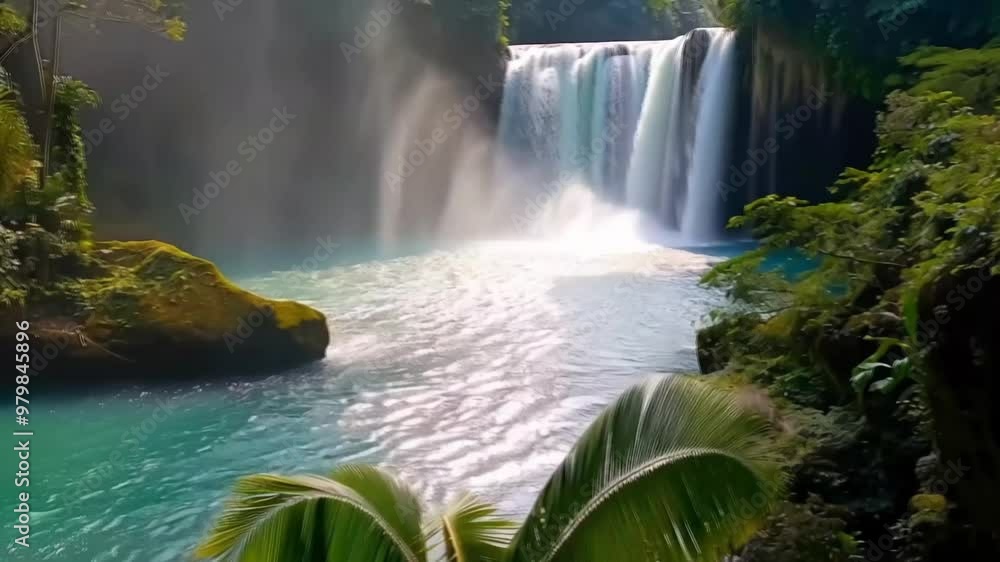 Seamless video of a tropical waterfall surrounded by dense greenery. A ...