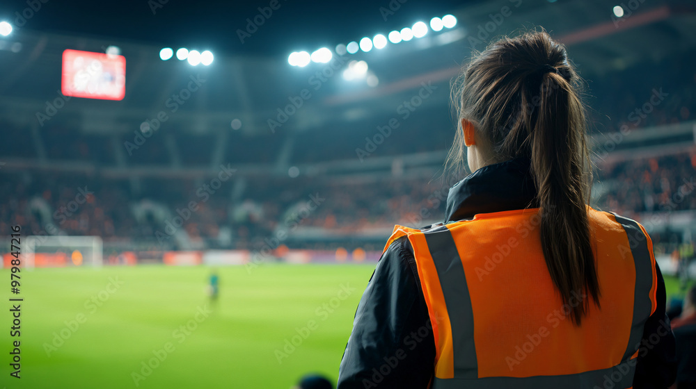 Woman security guard managing the crowd at a nighttime professional ...
