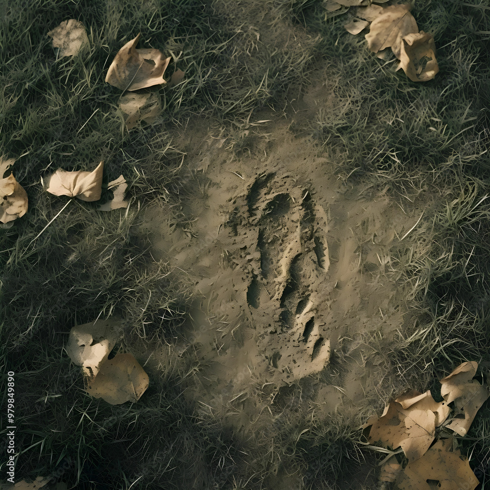 grass texture with dry leaves with footprint mark in the middle horror ...