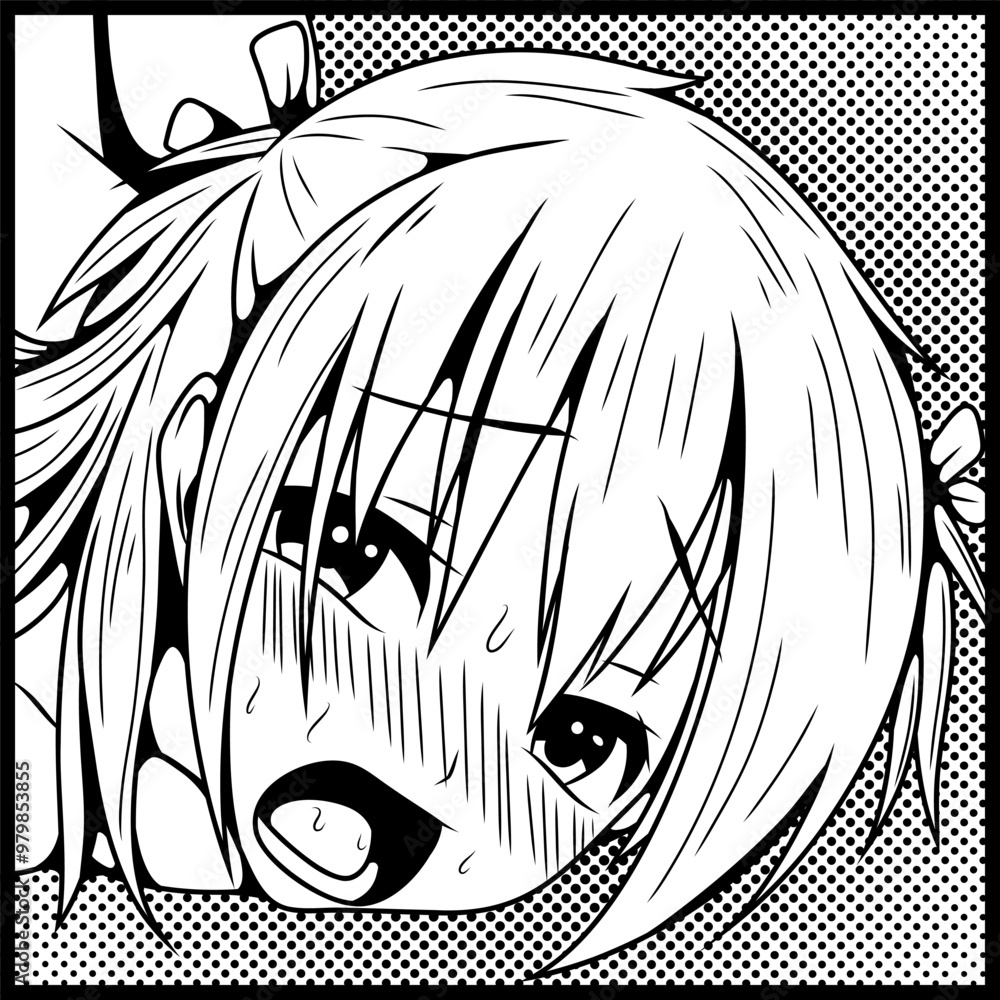 Manga-style black and white illustration of a blushing anime girl with ...