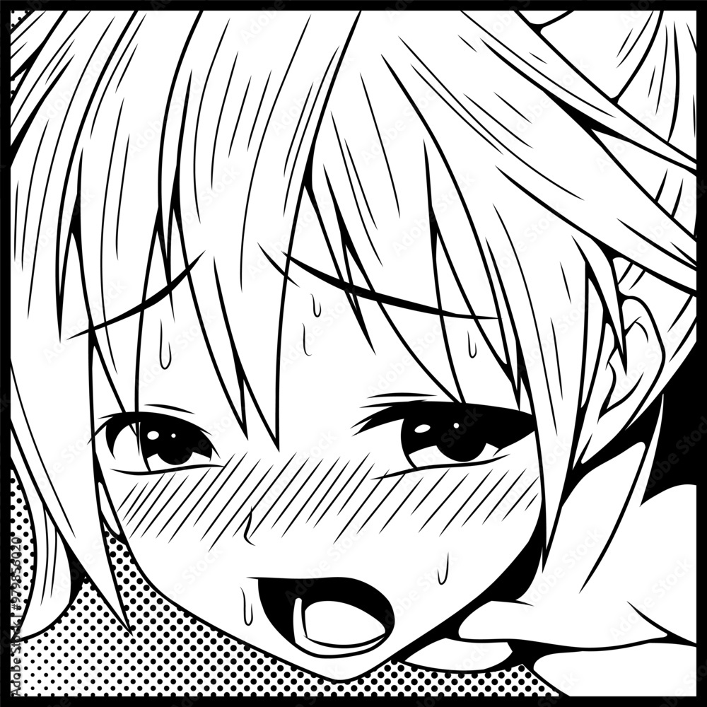 Manga-style black and white illustration of a blushing anime girl with ...