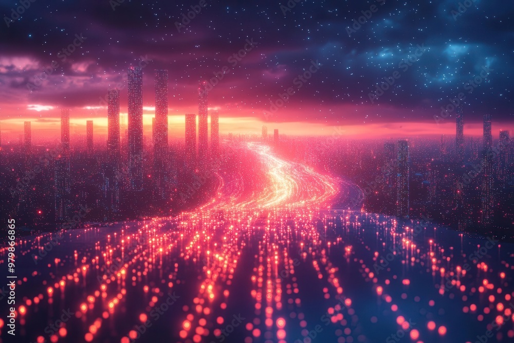 futuristic digital landscape with glowing binary code streams and ...