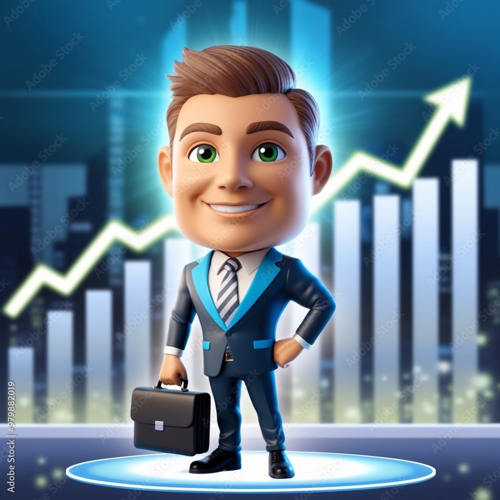 Bright-eyed investor mascot holding a stock market graph in a stylized ...