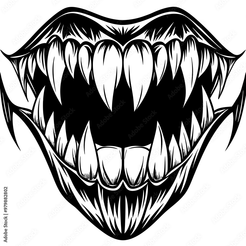 A black and white drawing of a mouth with teeth showing. The teeth are ...