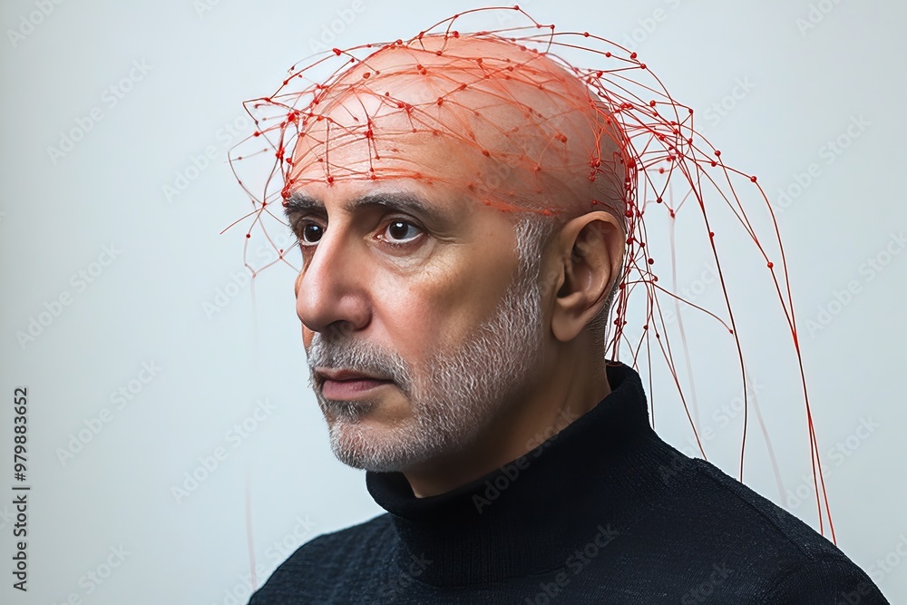 Bald man with neural cables wrapped around head symbolizing ...