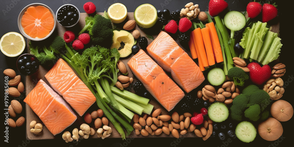 Colorful display of fresh salmon, fruits, vegetables, nuts, and seeds ...