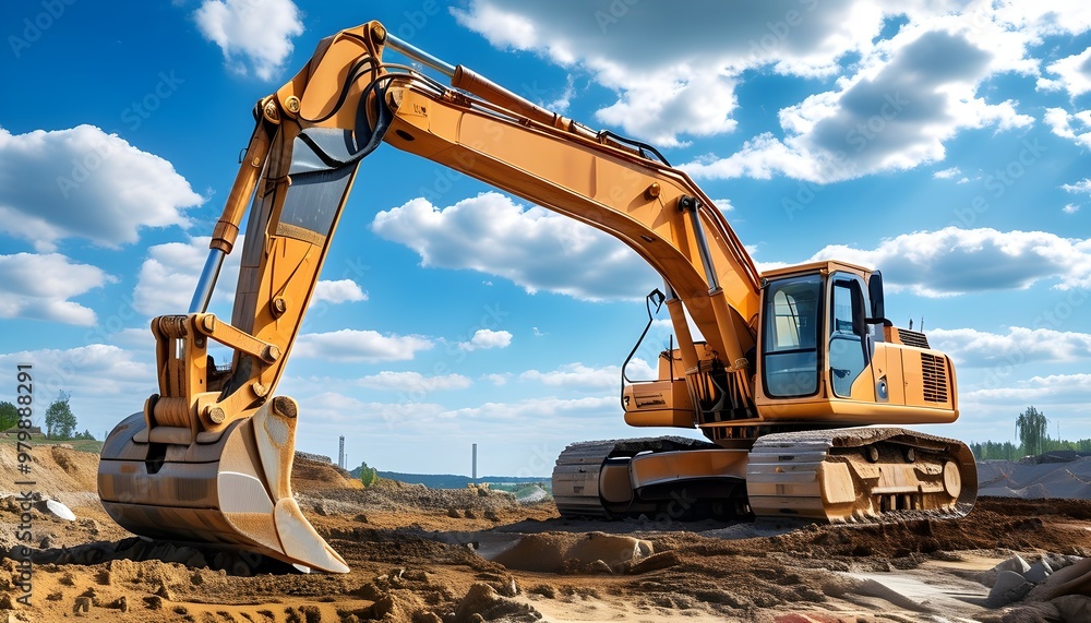 Excavator at work on construction site, digging foundation for new ...