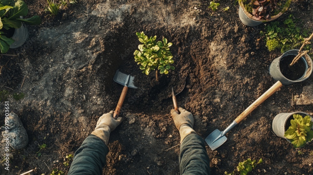 An overhead view of a person digging a hole for planting a tree, with ...