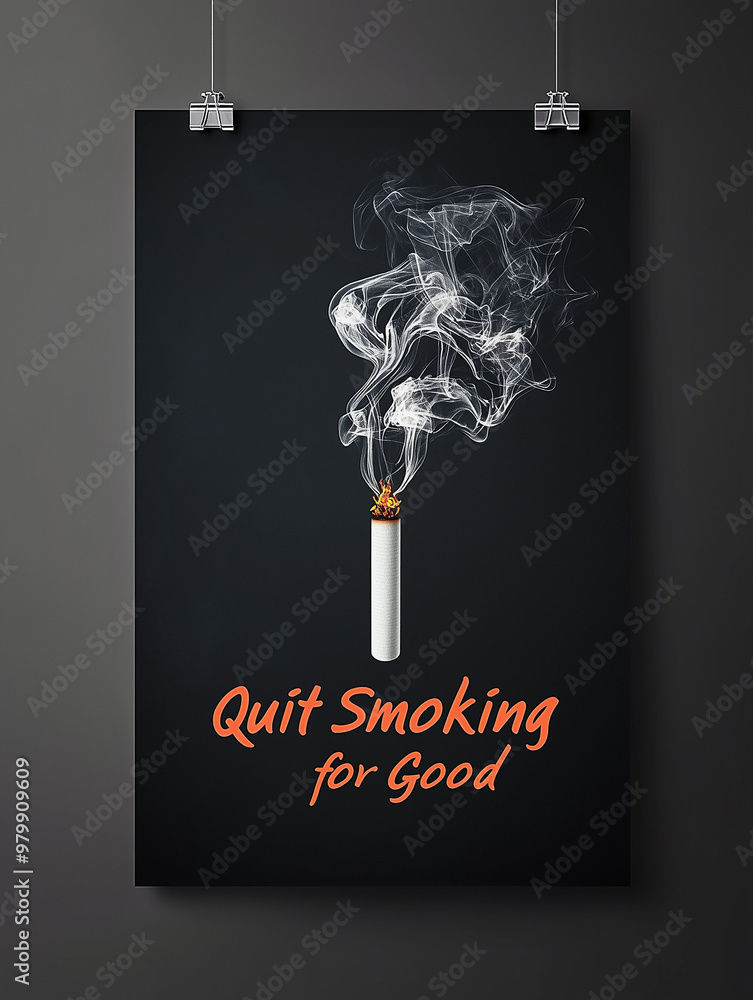 Smoking cigarette with 'Quit Smoking for Good' text on black poster ...