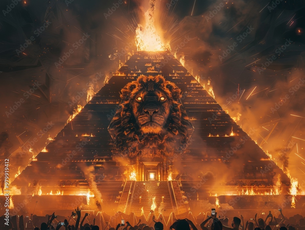 Lion God in a Fire Pyramid Futuristic Spirituality Concept Art Stock ...
