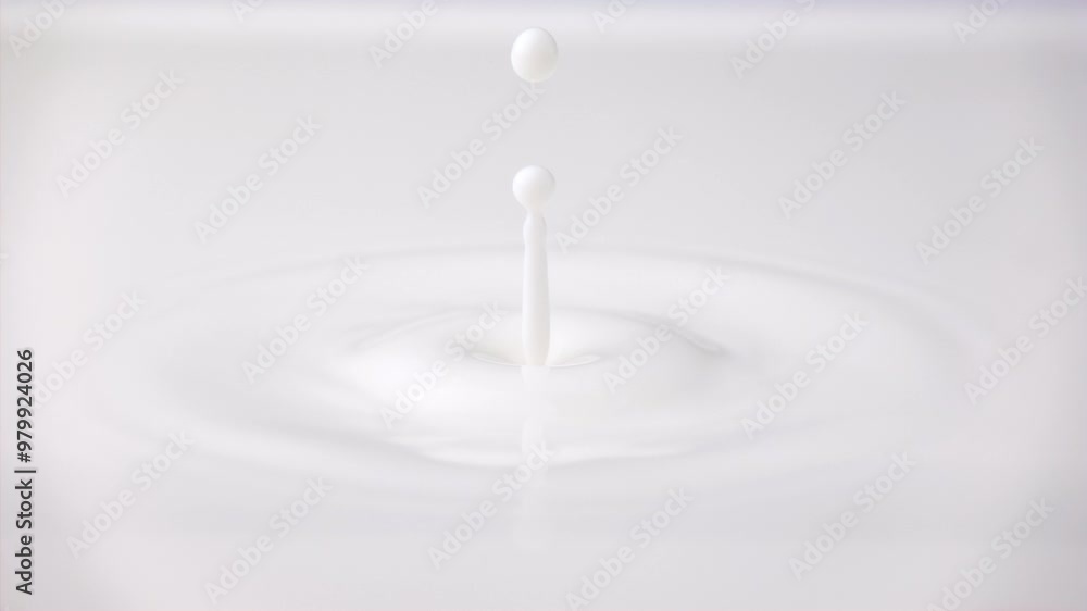 Fresh milk drop falling and splashing in a milky pool from above. Slow ...