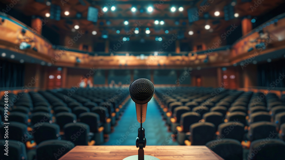 A detailed image of a microphone set up in an empty auditorium ...