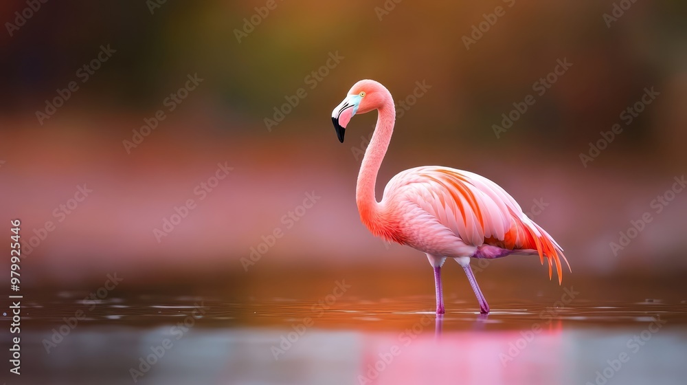 A pink flamingo wades in the water, bending its long neck to submerge ...