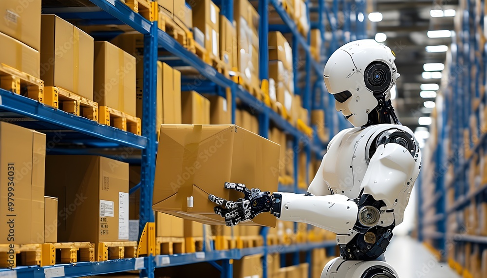 Autonomous robotic arm lifts package from shelf in high-tech warehouse ...