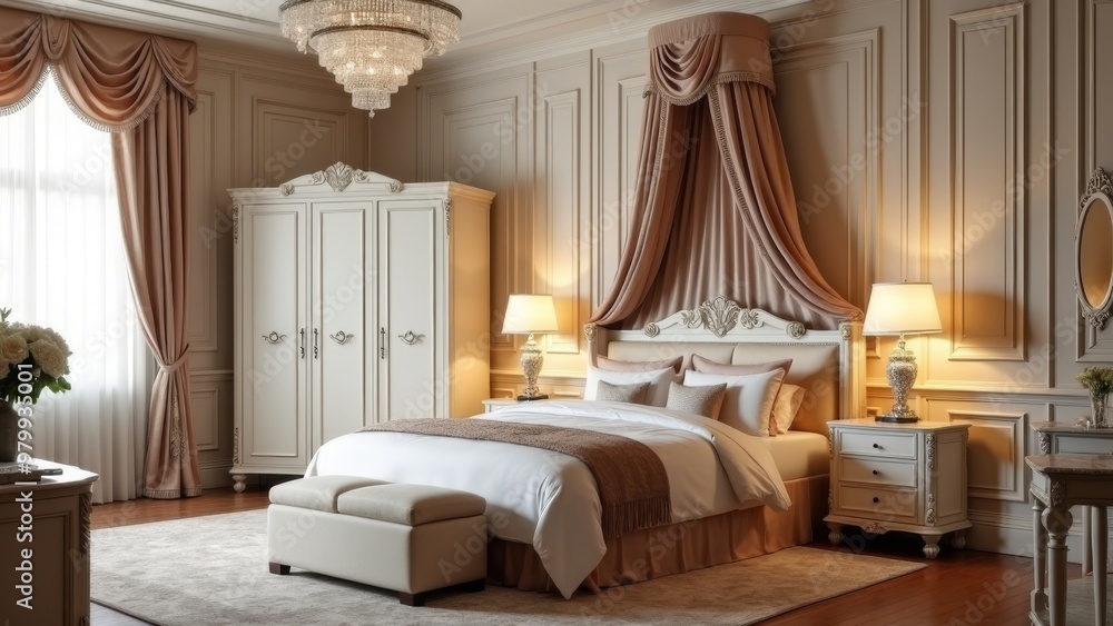 Generative AI, a bedroom with a bed, dresser, and a chair in it with a ...