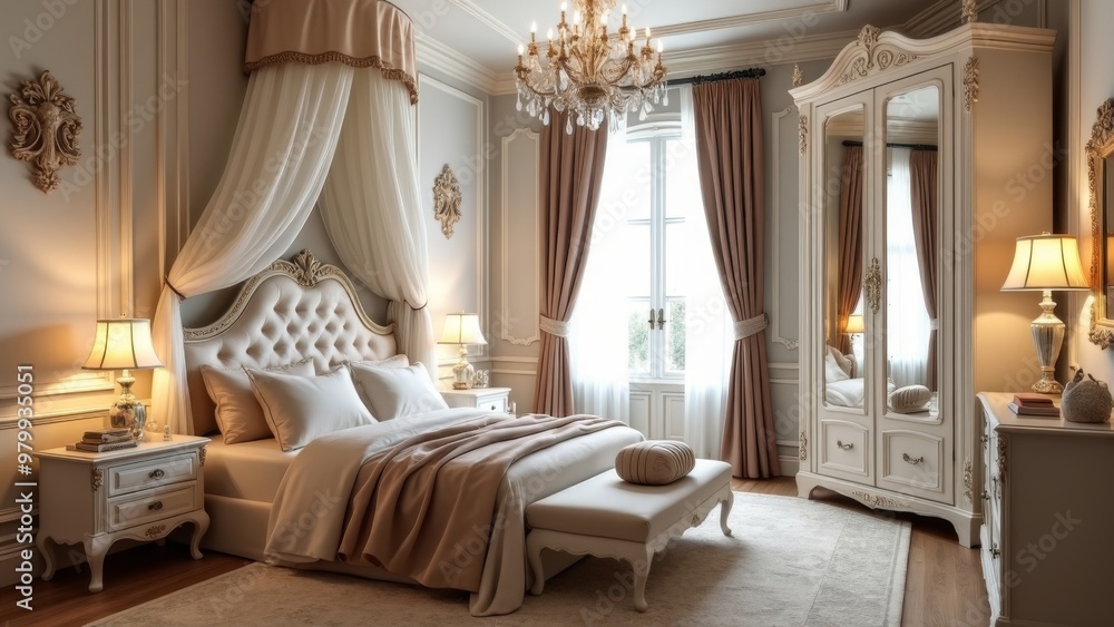 Generative AI, a bedroom with a bed, dresser, and a chair in it with a ...