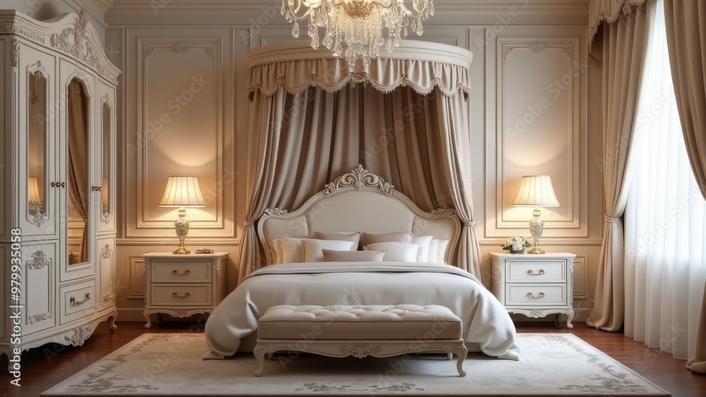 Generative AI, a bedroom with a bed, dresser, and a chair in it with a ...