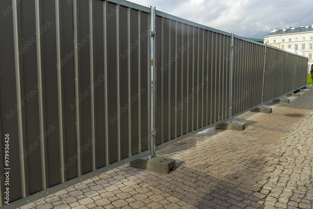 A modern gray fence creates a barrier in an urban setting, casting ...