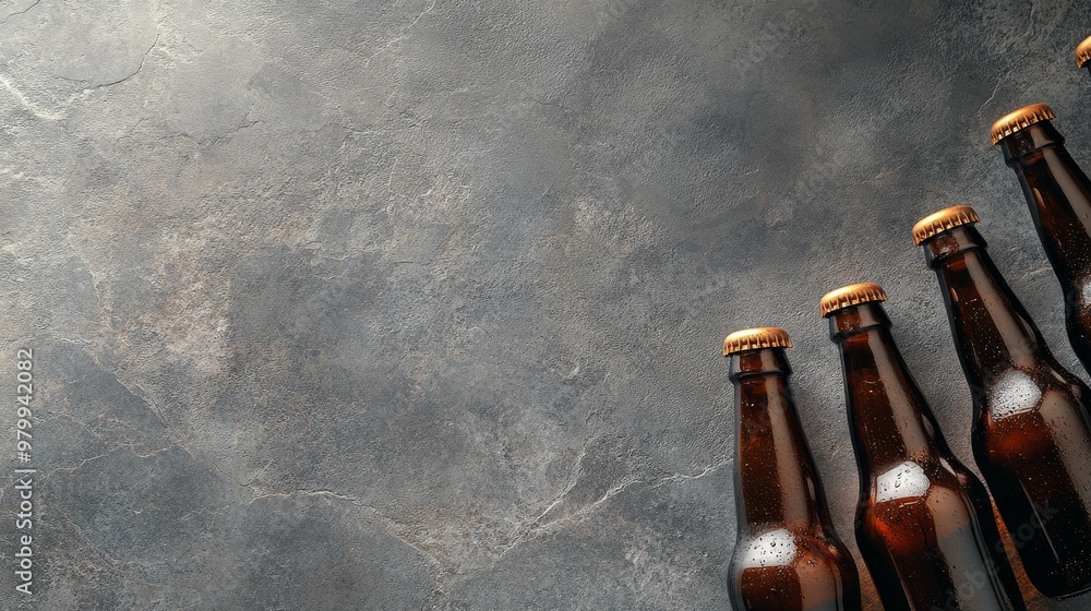 A top-down arrangement of fresh beer bottles is displayed on a gray ...