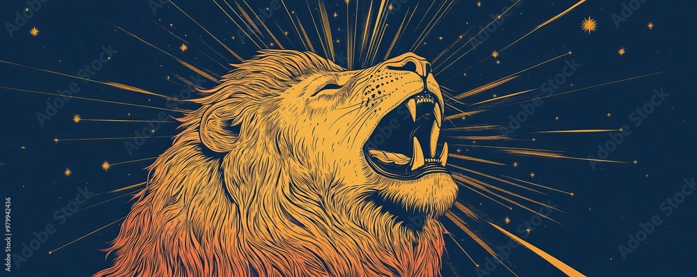 Leo depicted as a golden lion roaring amid a cosmic burst of light, representing courage and ...