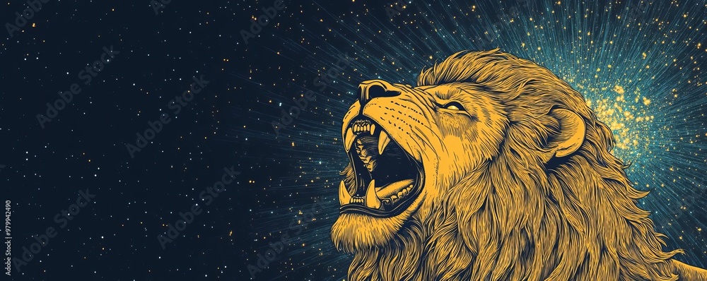 Leo depicted as a golden lion roaring amid a cosmic burst of light, representing courage and ...