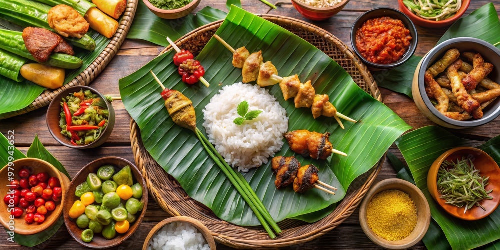 Aromatic Southeast Asian Feast with Skewered Meat, Rice, and Fresh ...