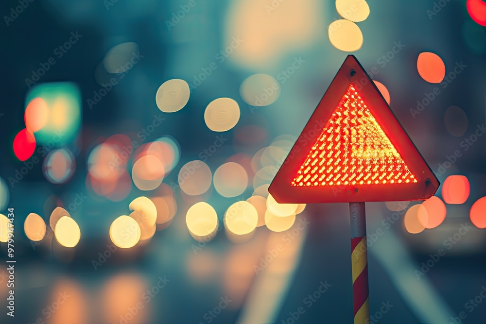 Traffic warning signs on a blurry road with colorful bokeh light ...