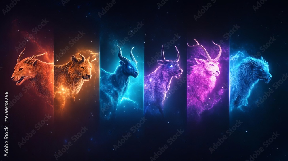 Zodiac creatures as mythological beasts, each emerging from a different ...