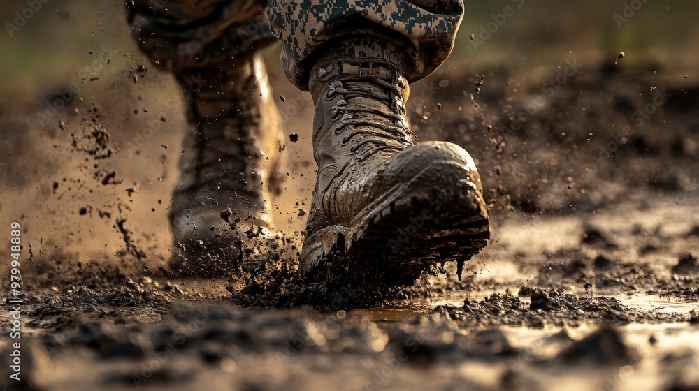 Combat boots tread through the muddy ground, splashing water and mud as the soldier maneuvers ...