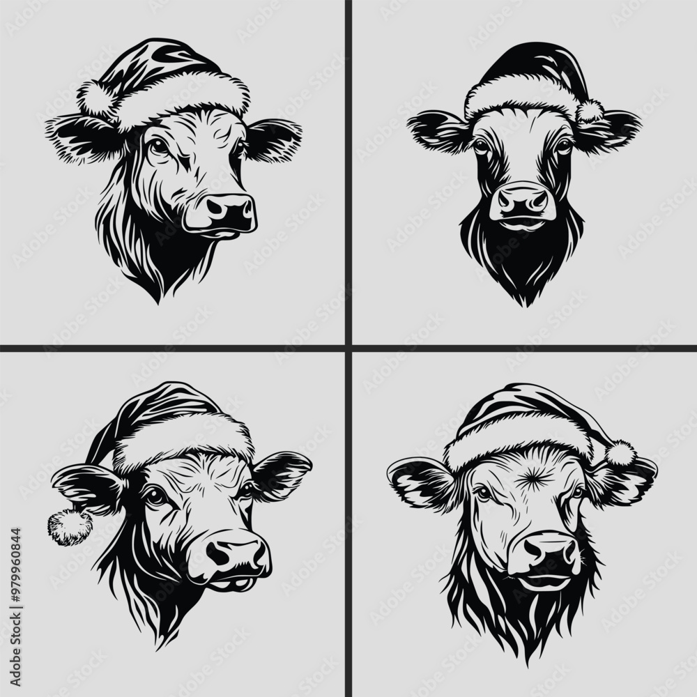 Cow Head With Christmas Santa Hat Svg, Cow Head Outline Svg, Cow ...