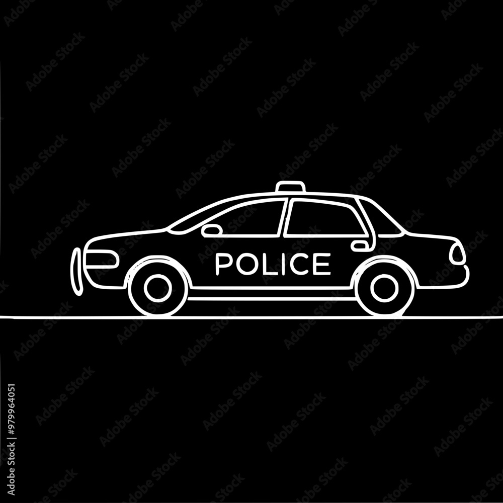 Linear vector drawing of a police classic car on a dark background with ...