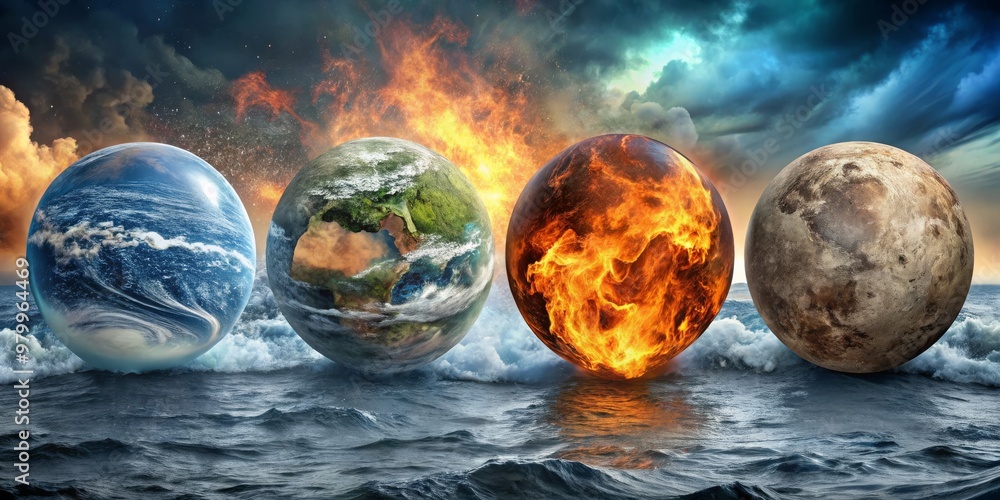 Four Planetary Spheres Emerge From The Stormy Sea, Digital Art, Fantasy ...