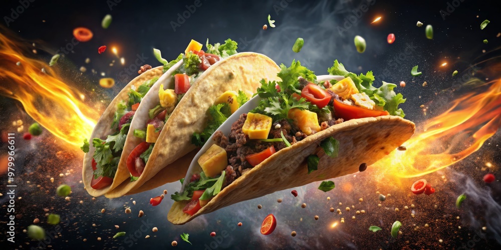 Tacos on Fire, A Close-Up Perspective Composition of Two Tacos with a ...