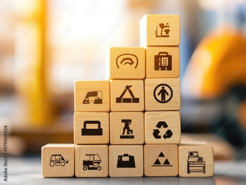 professional stacking wooden blocks with hse icons for workplace safety ...