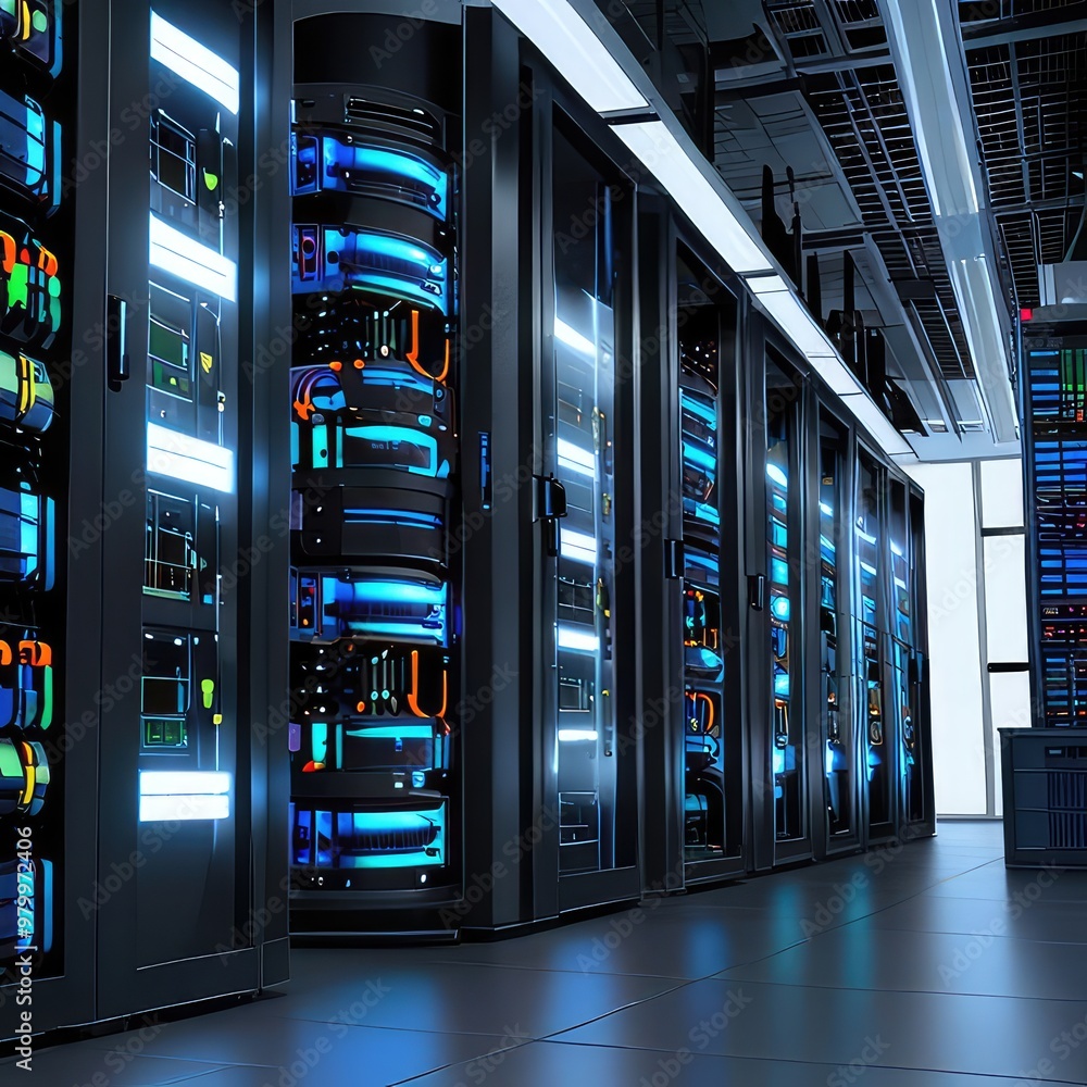 room with servers,modern server room with large servers, wires and buttons. Data storage, cloud ...