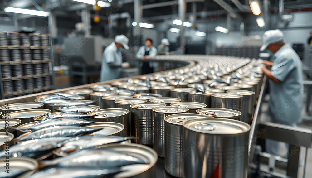 Canned fish factory. Food industry. Food processing production line ...