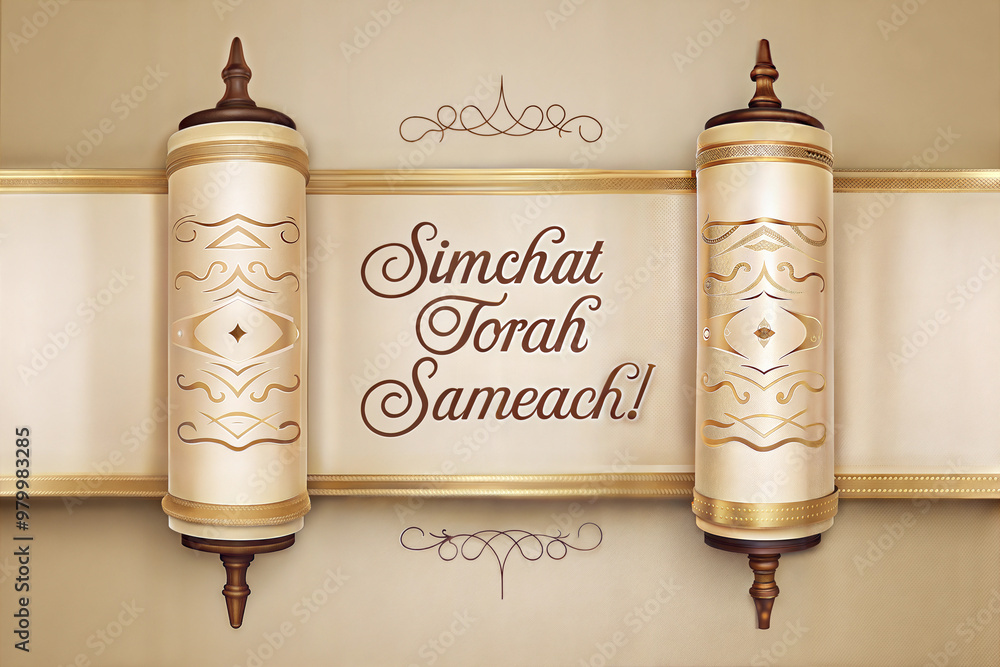 Elegant Torah Scroll Illustration with Simchat Torah Sameach Text ...