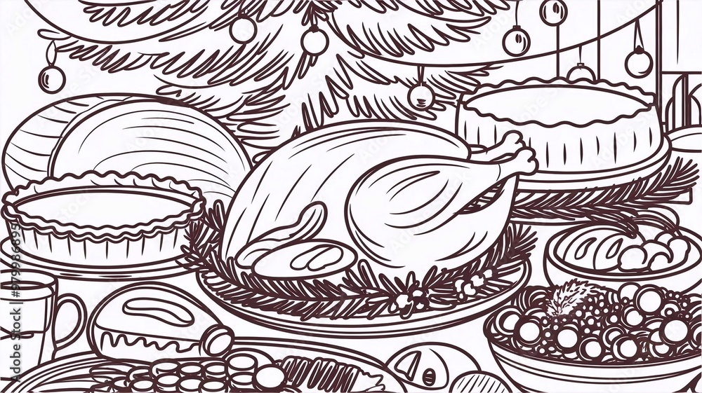 christmas dishes outline coloring book page line art drawing Stock ...