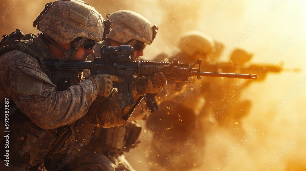 Soldiers are engaged in a tactical operation, taking up combat ...