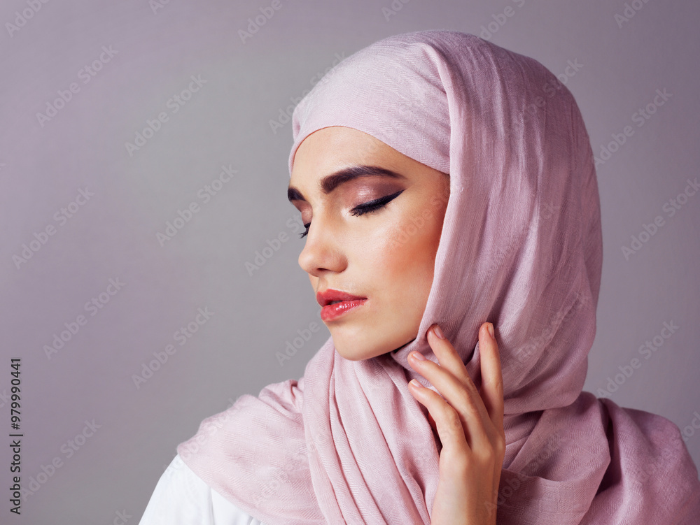Muslim, makeup and hijab with woman in studio for islamic fashion ...