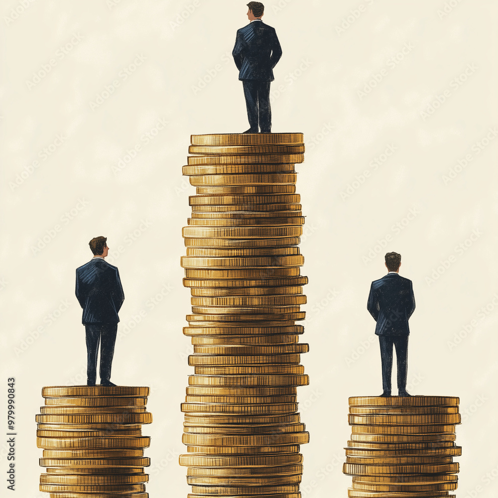 Three men stand on top of stacks of gold coins, with the tallest stack ...